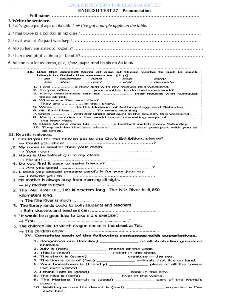 Class 6A English Pronunciation Test | PDF