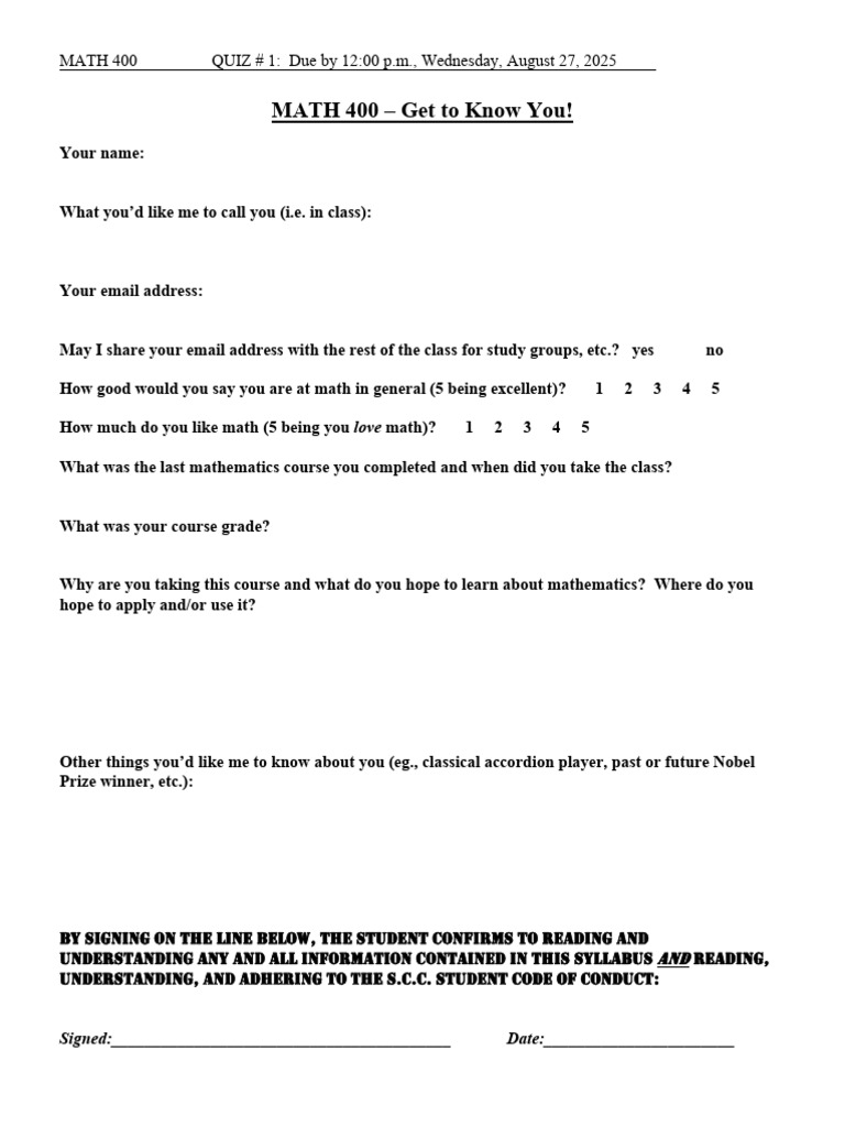 MATH 400 Quiz #1: Student Introduction | PDF