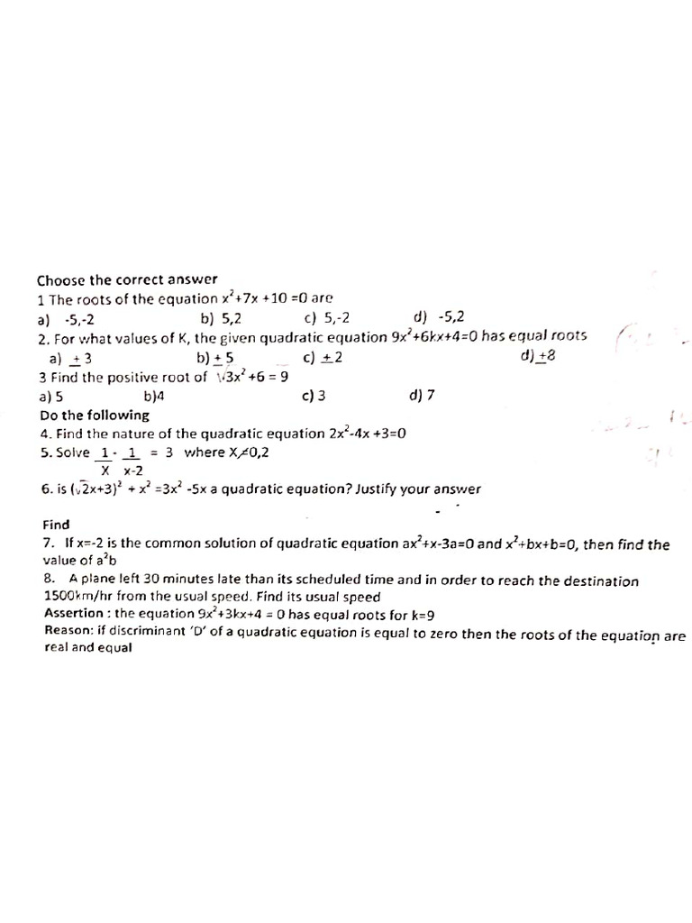 TP Questions For Quadratic Equations Class 10 | PDF