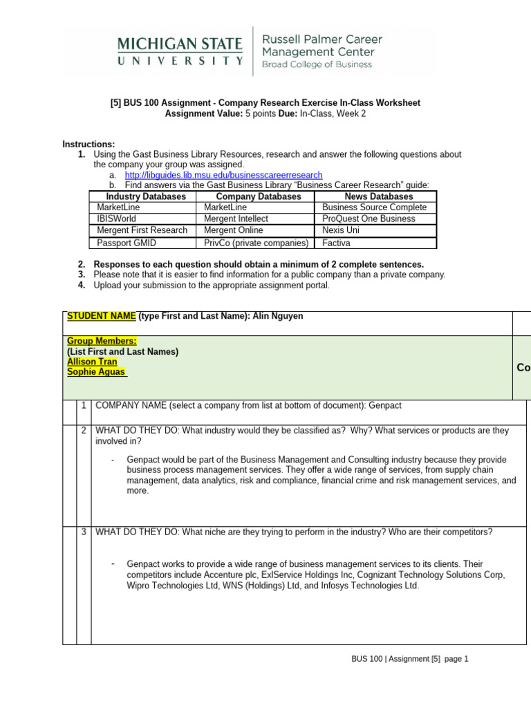 ABSENT - Company Research Exercise In-Class Worksheet | PDF | Business