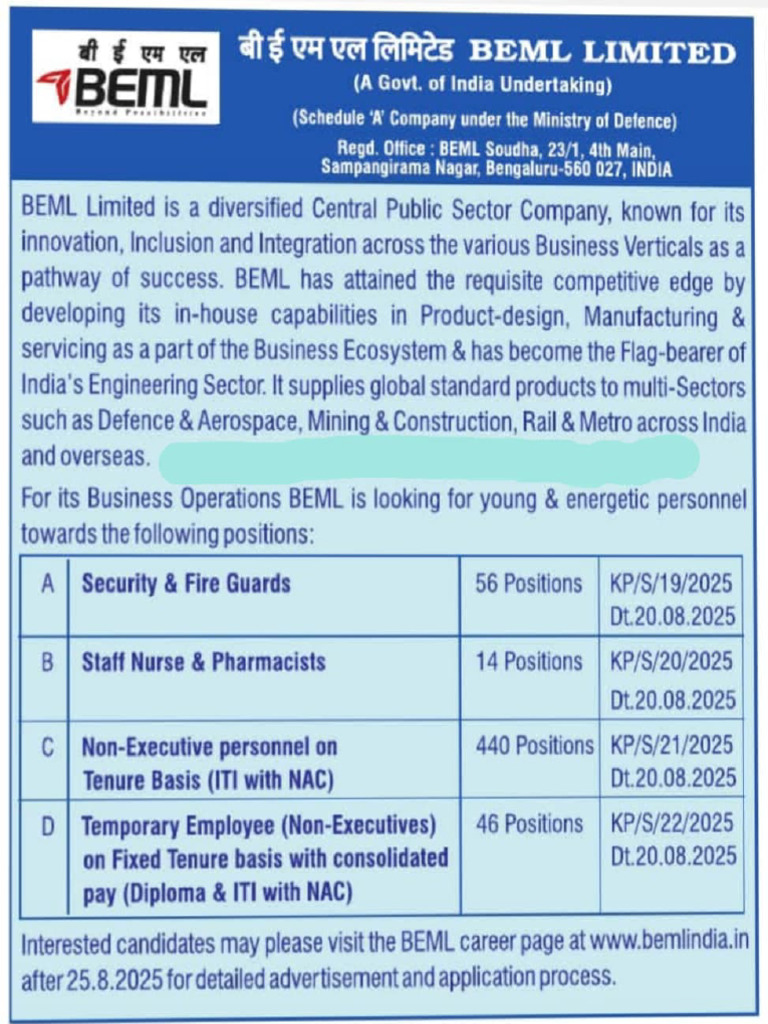 BEML Limited Recruitment 2025 | PDF