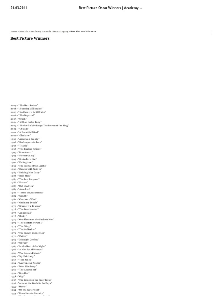 A Comprehensive List of Best Picture Oscar Winners from 1927 to 2011 ...