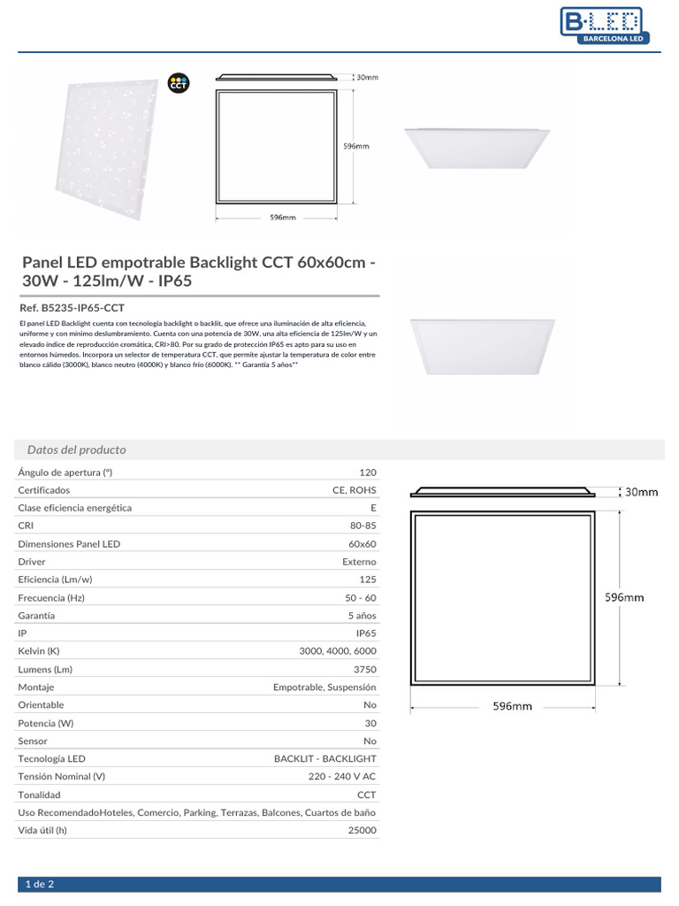 Panel LED Empotrable Backlight CCT 60x60cm - 30W - 125lm - W - IP65 ...