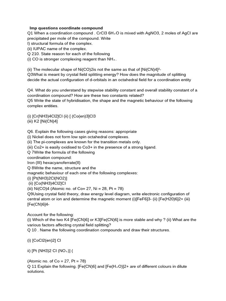 Imp Questions Coordinate Compound | PDF | Coordination Complex ...