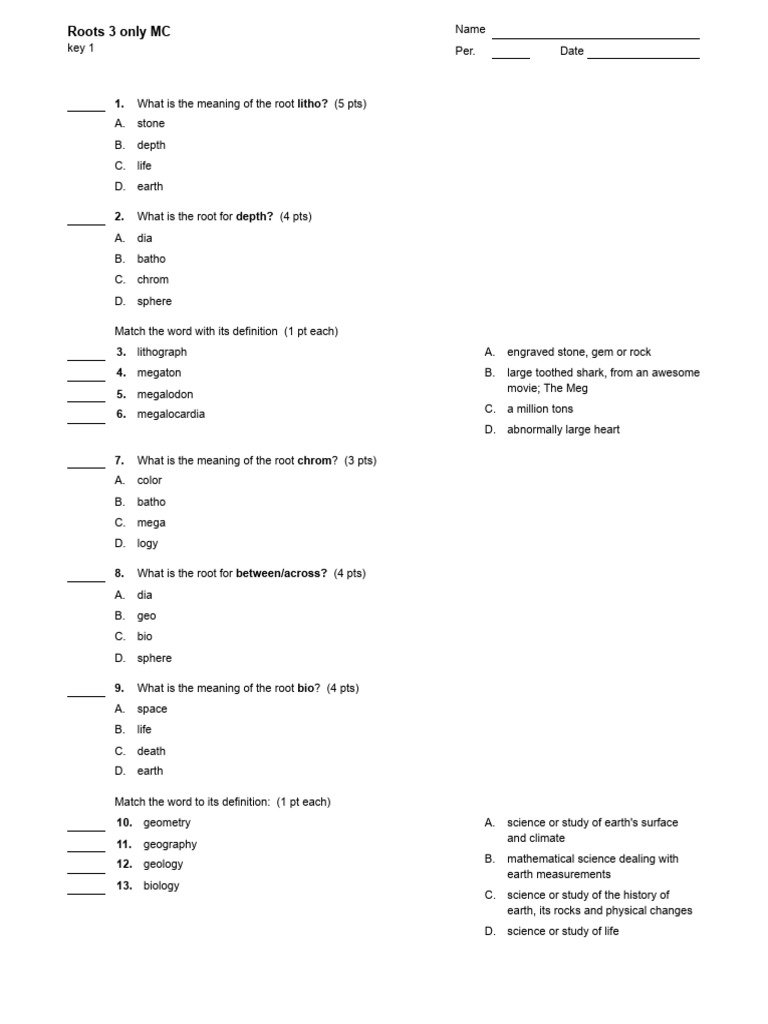 Root Meanings and Definitions Quiz | PDF