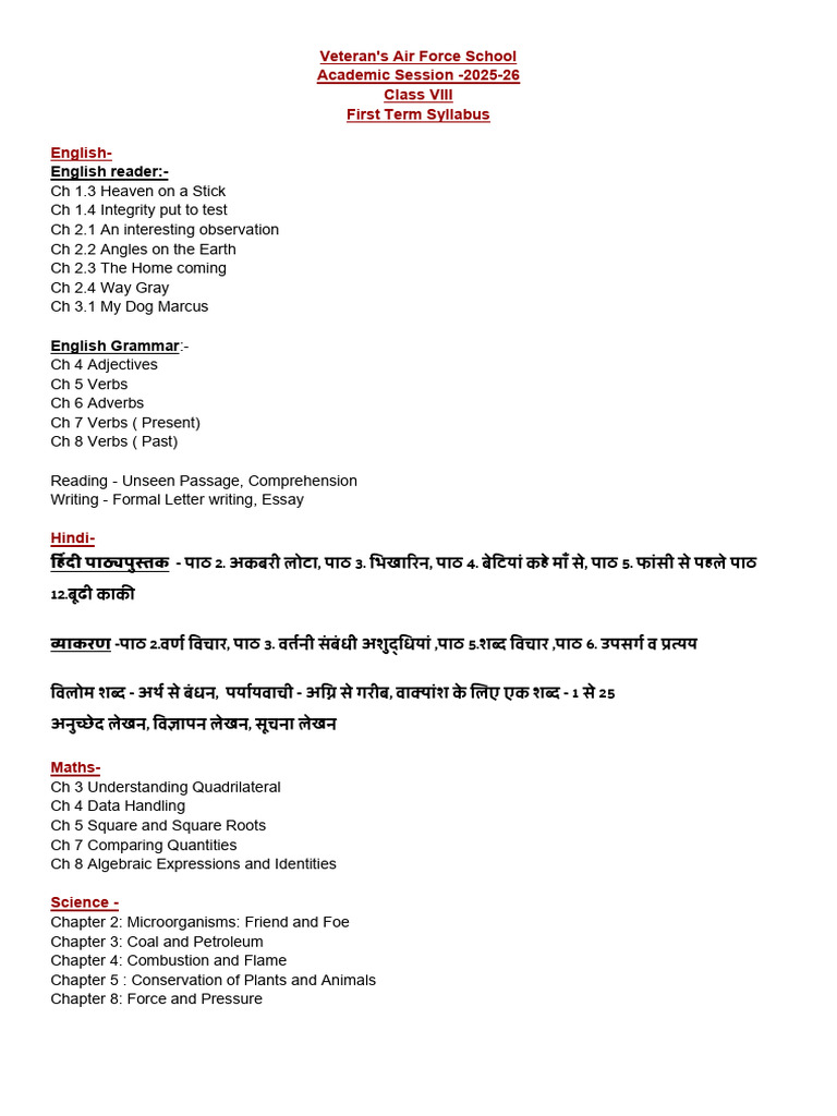 Class VIII First Term Syllabus and Datesheet-1 | PDF | Linguistics