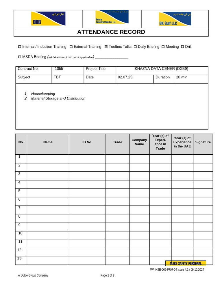 WP-HSE-005-FRM-04 - Attendance Record - Housekeeping - 03.07.25 | PDF