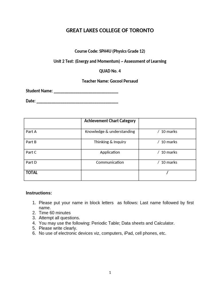 Unit 2 Test SPH4U Energy & Momentum 2025 | PDF | Kinetic Energy | Momentum