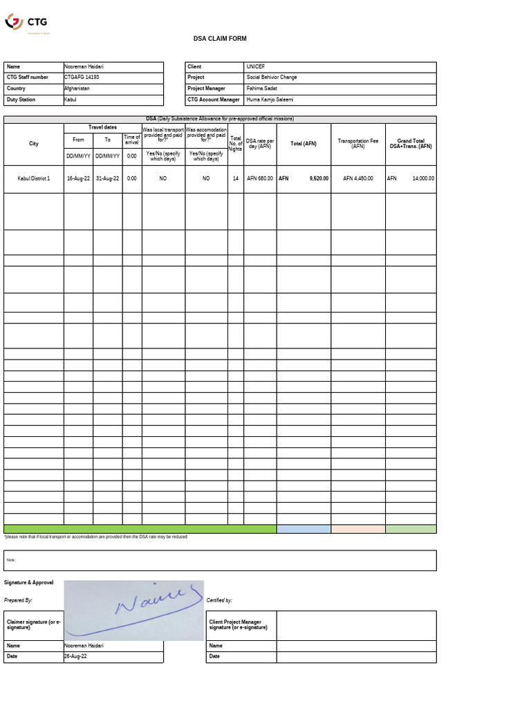 DSA Claim Form for UNICEF Project | PDF
