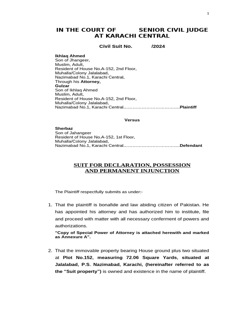 Suit For Possession & Permanant Inj Ikhlaq Ahmed SCJ Central (1) 11 ...