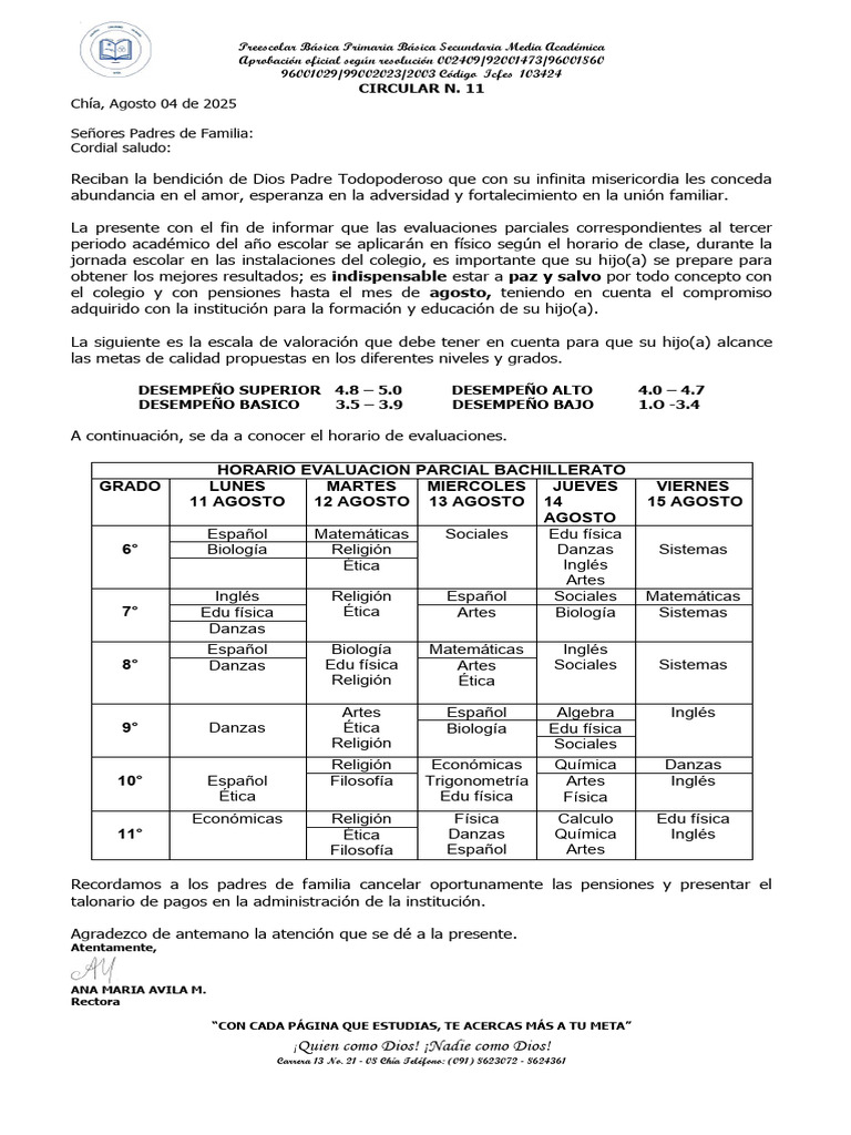 CIRCULAR No. 11 - EVALUACIONES PARCIALES TERCER PERIODO 2025 - BACHILLERATO | PDF