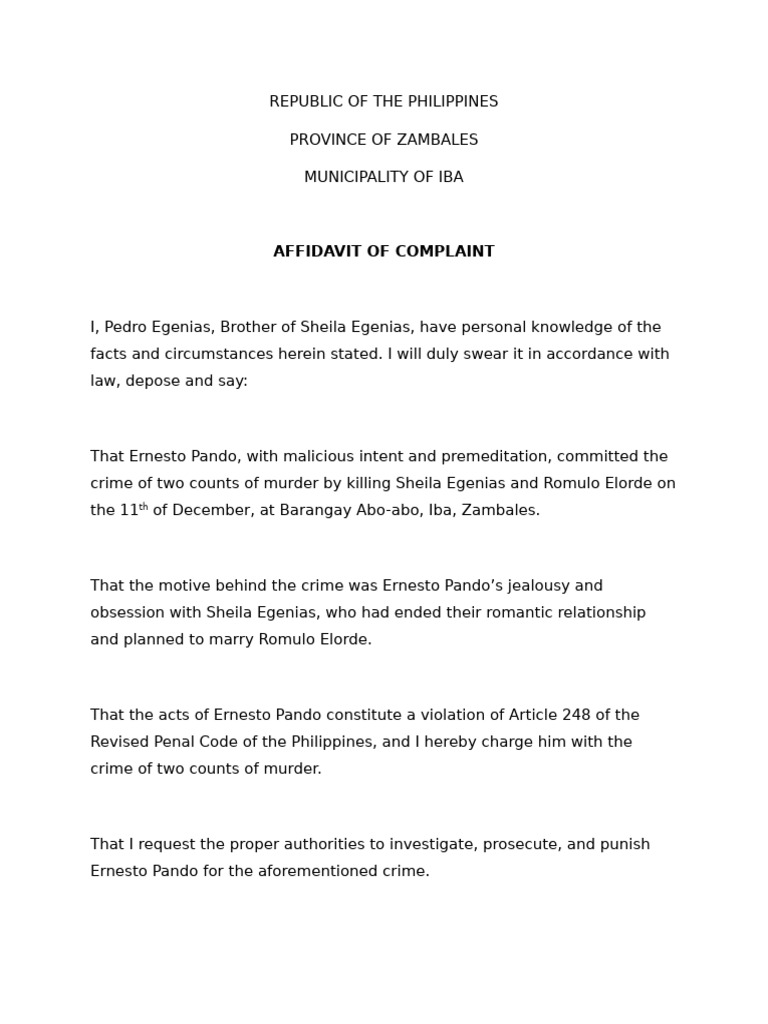Affidavit of Complaint: Two Counts of Murder | PDF