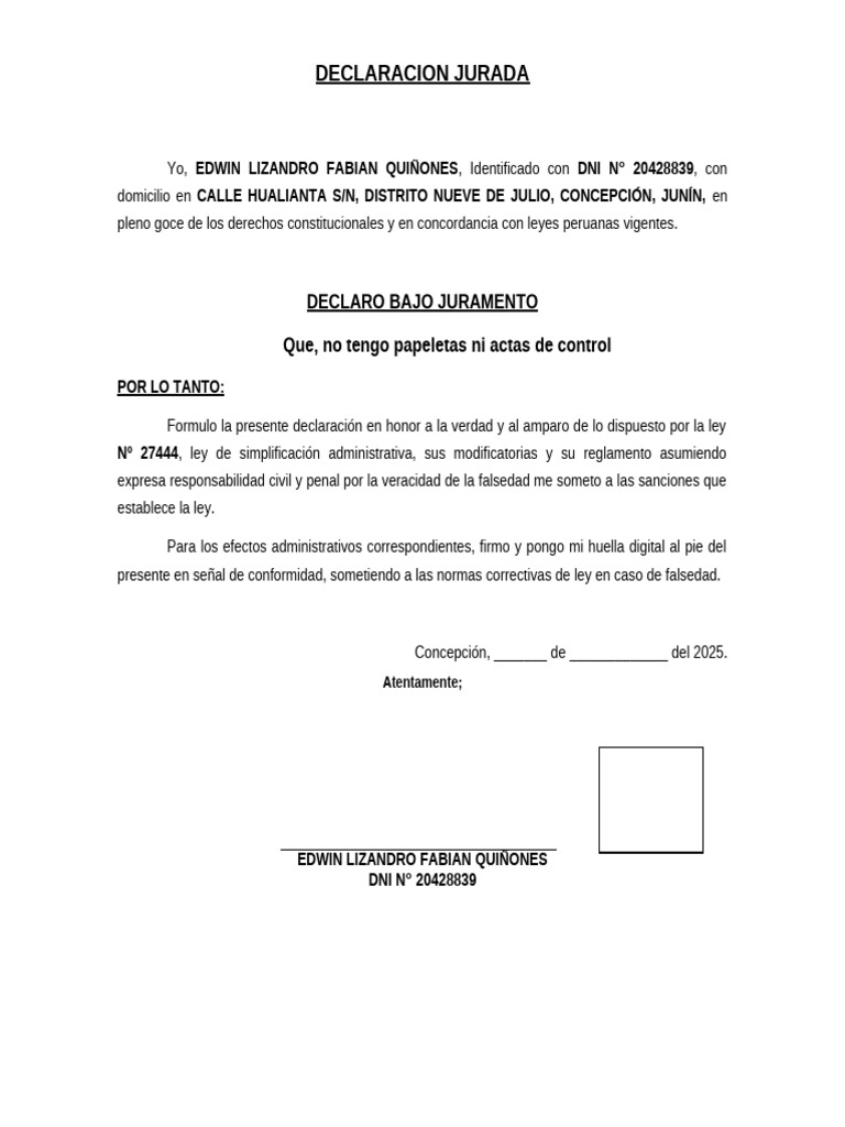 Declaracion Jurada de No Contar Con Papeletas | PDF