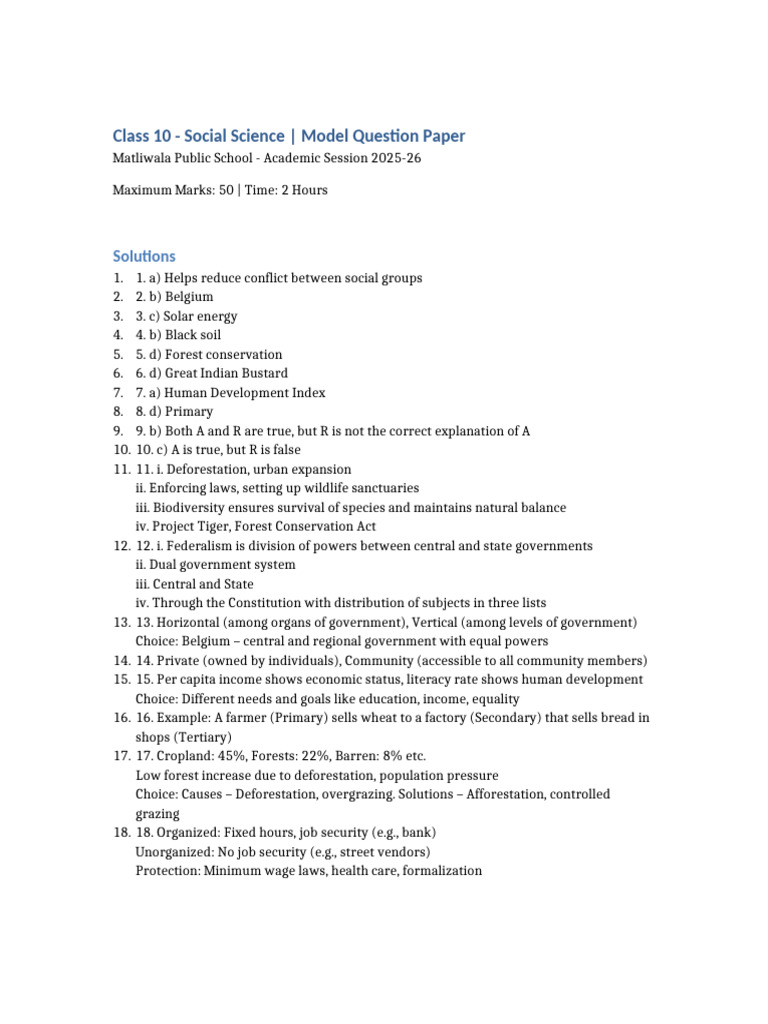 Class 10 Social Science Model Paper With Solutions | PDF