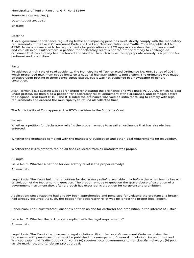 Tupi v. Faustino: Ordinance Invalidity Ruling | PDF | Legal Remedy ...