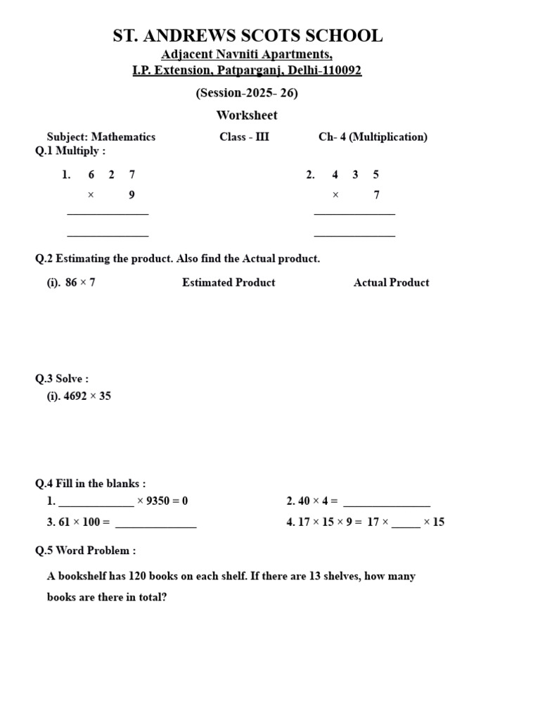 Class 3 Maths Worksheet: Multiplication | PDF