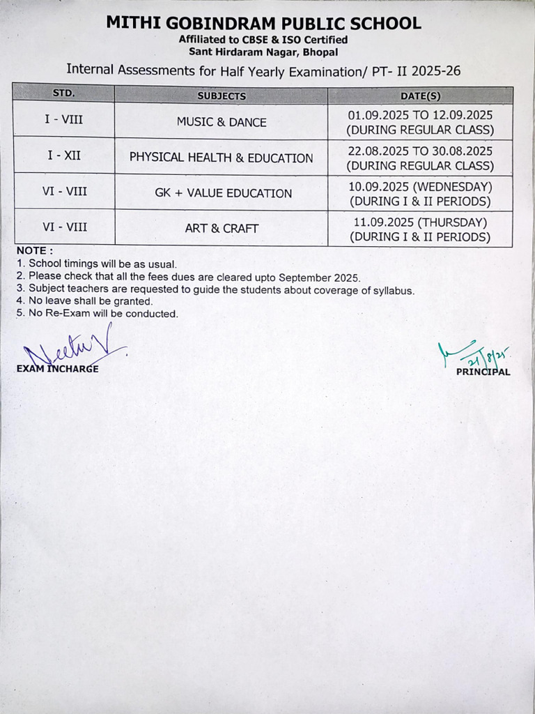 Internal Assessment For Half Yearly Exam 2025-26 | PDF