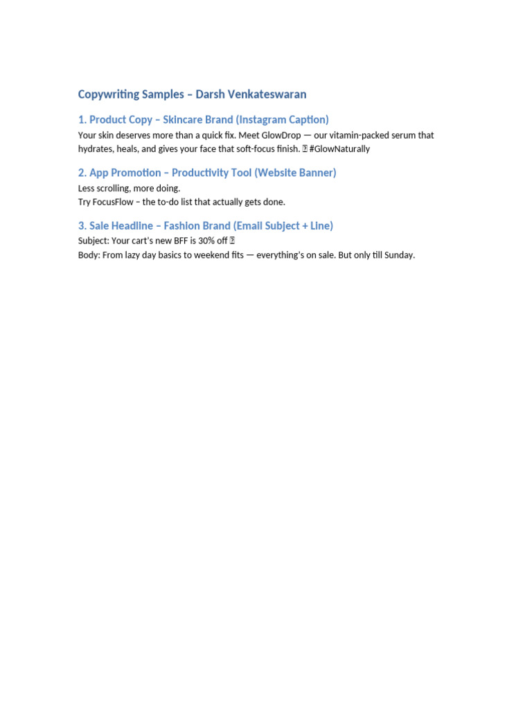 Copywriting Samples by Darsh Venkateswaran | PDF