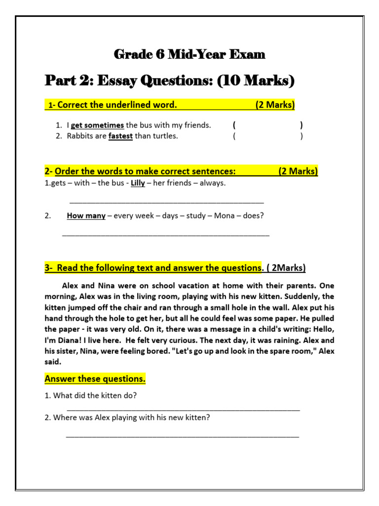 Grade 6 English Essay Exam Questions | PDF