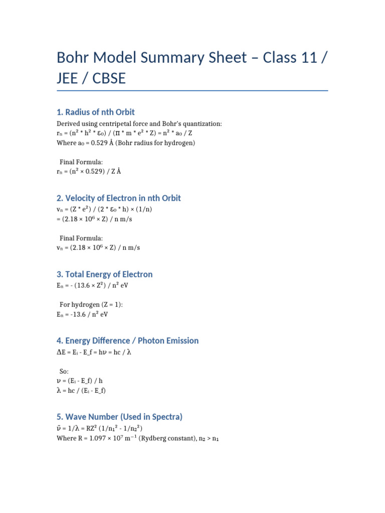 Bohr Model Summary Sheet Class11 JEE | PDF