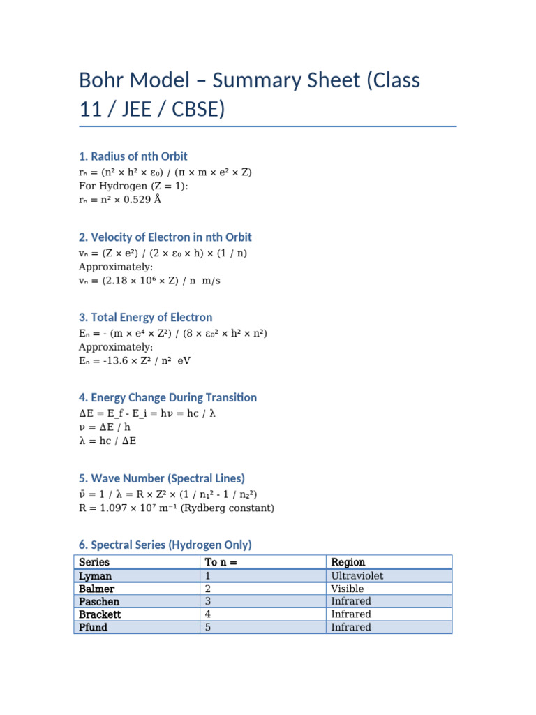 Bohr Model Formula Sheet | PDF