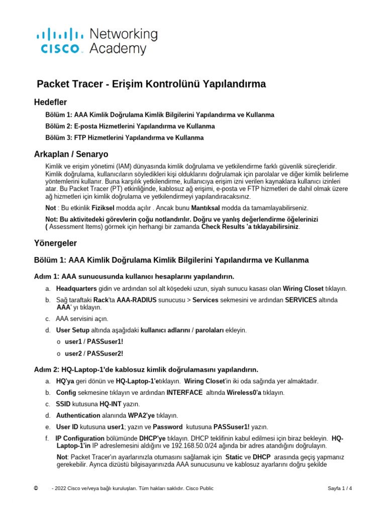 Turkish 13-1-14 Packet Tracer Configure Access Control | PDF