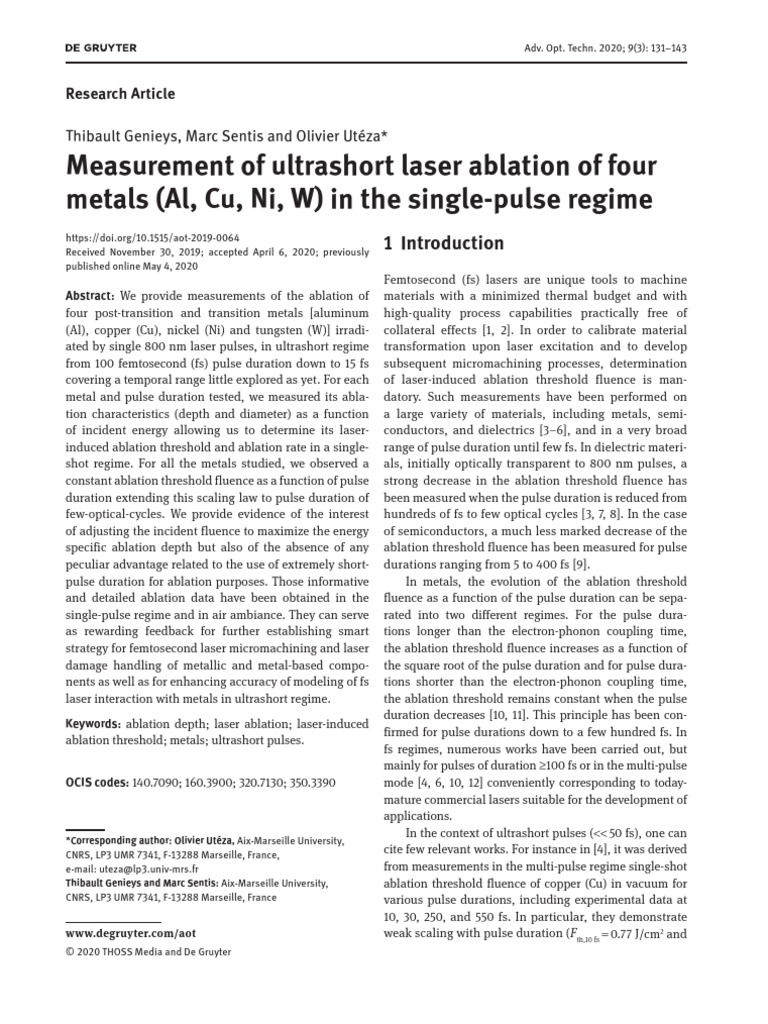 Ultrafast Laser Ablation of Metals | PDF | Laser | Ultrashort Pulse
