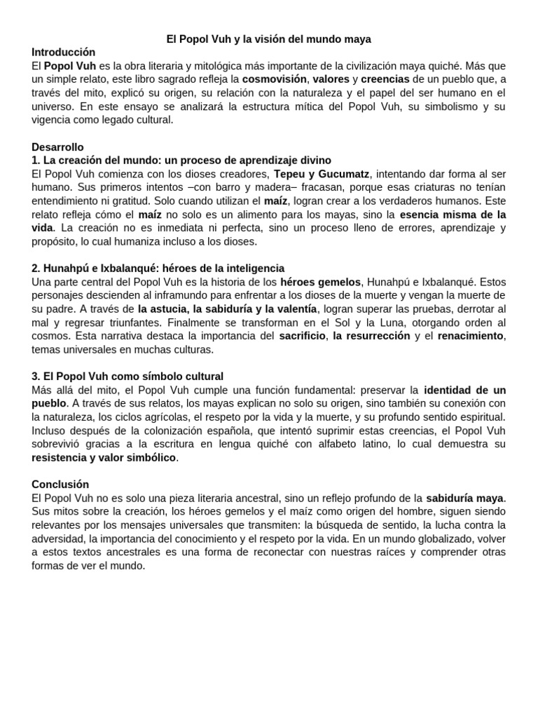 El Popol Vuh: Cosmovisión Maya y Mitos | PDF