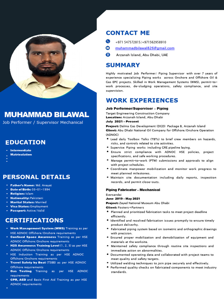 Muhammad Bilawal: Piping Supervisor Profile | PDF