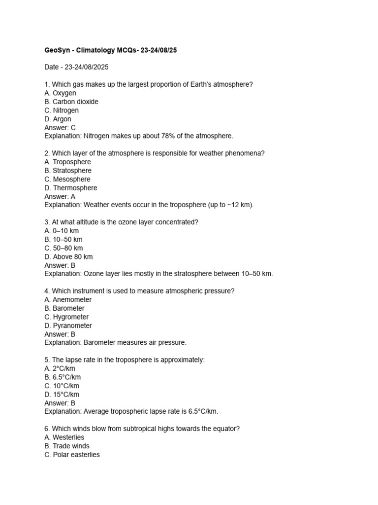 GeoSyn - Climatology MCQs - 23-24-08-2525 | PDF | Atmospheric ...