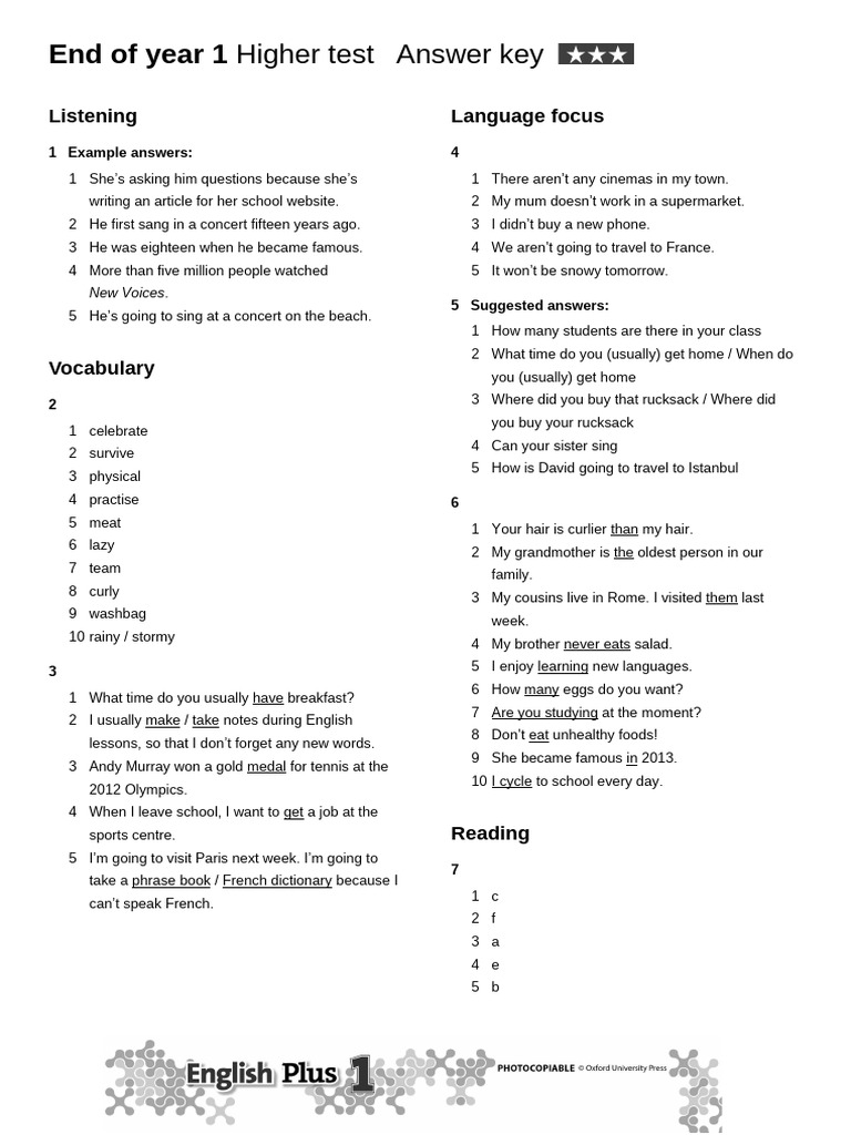 Year 1 Higher Test Answer Key | PDF | Linguistics | Human Communication