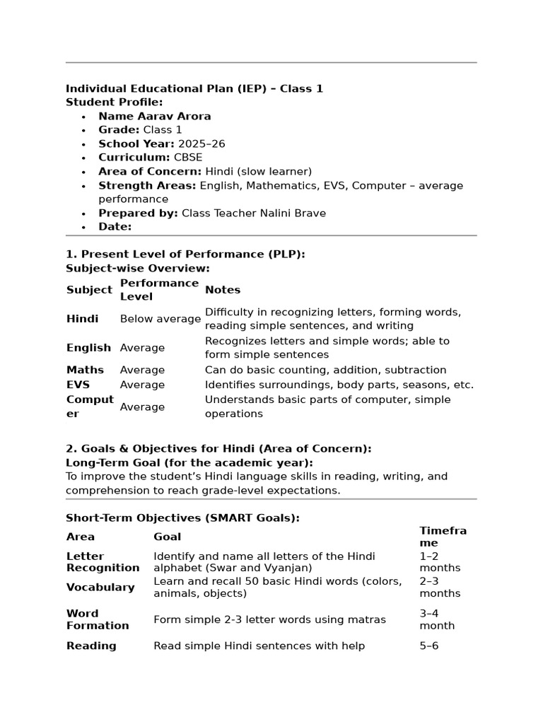 IEP for Aarav Arora: Hindi Support Plan | PDF | Reading Comprehension ...