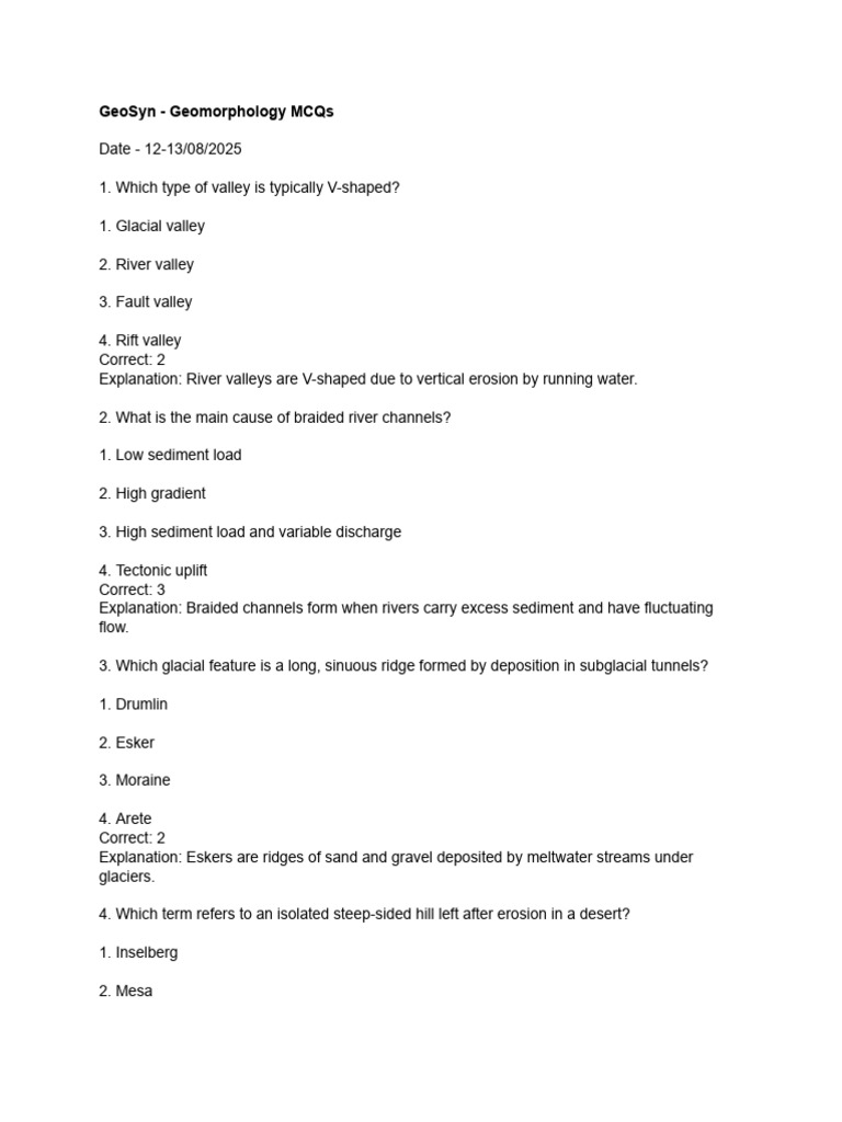 GeoSyn - Geomorphology MCQs | PDF | Valley | Erosion