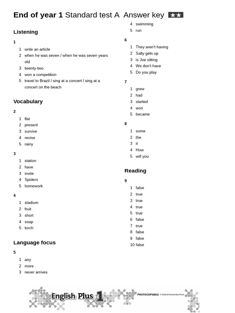 Year 1 Standard Test A Answer Key | PDF | Linguistics | Human Communication