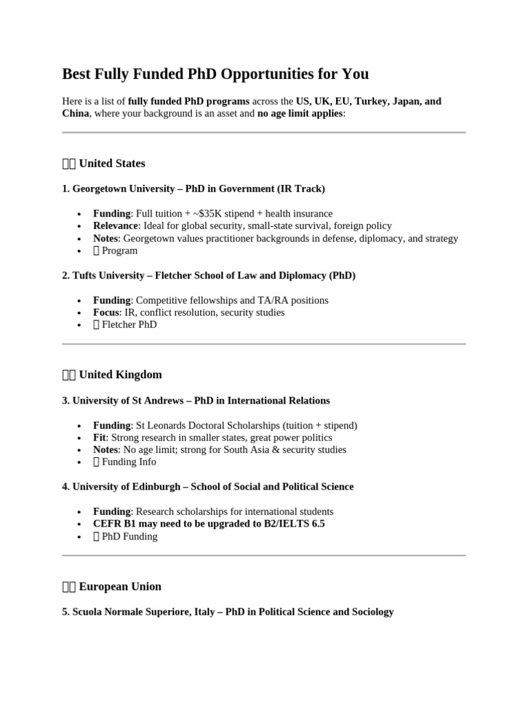 Top Fully Funded PhD Programs Worldwide | PDF | Doctor Of Philosophy ...