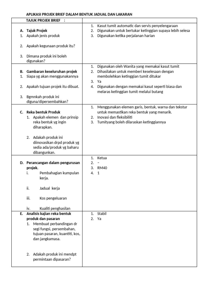 Aplikasi Projek Brief Dalam Bentuk Jadual Dan Lakaran | PDF