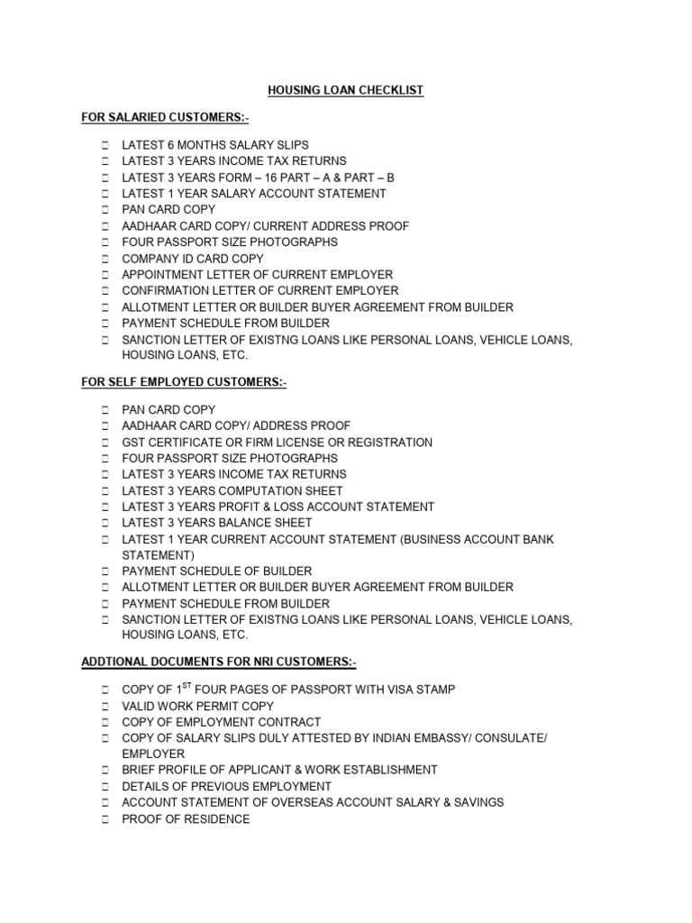 Housing Loan Checklist Sep-1 | PDF