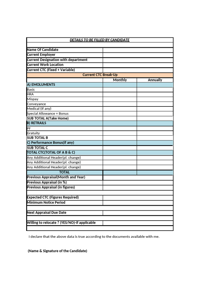 Candidate CTC and Appraisal Details Form | PDF