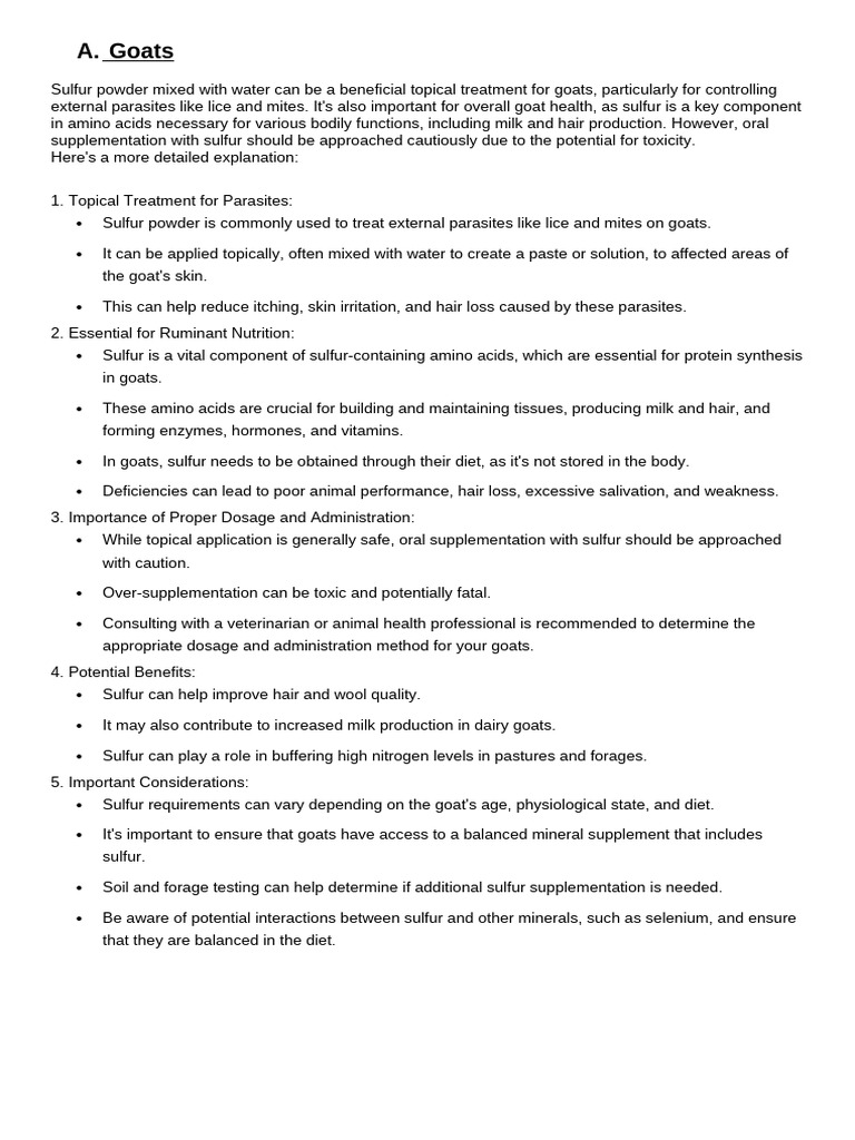 Sulfur Powder Benefits for Goats | PDF | Sulfur | Dietary Supplements