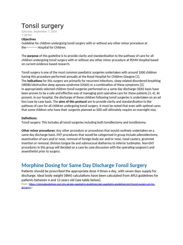 Tonsil Surgery Guidelines for Children | PDF | Analgesic | Patient