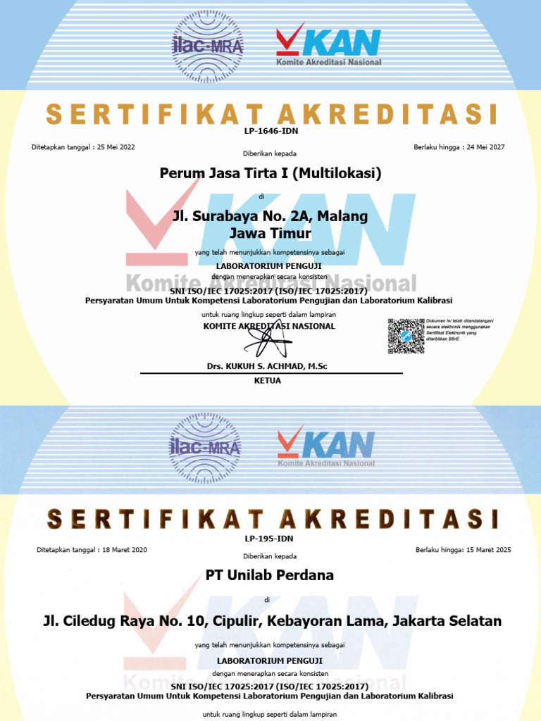 Sertifikat KAN PJT Unilab - Ruang Lingkup Unilab | PDF