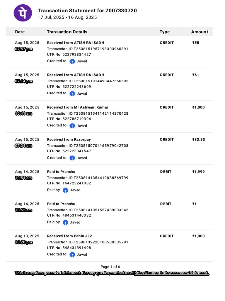 PhonePe Statement Jul2025 Aug2025 | PDF | Banking Technology | Payments
