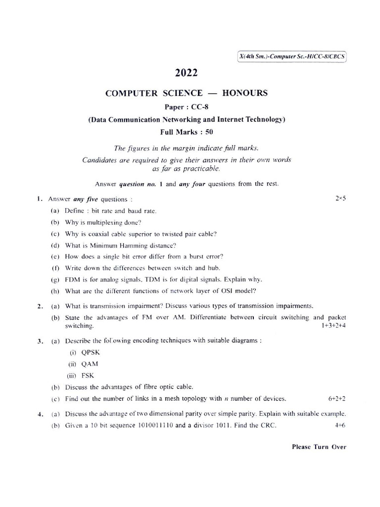CU-2022 B.sc. (Honours) Computer Science Semester-4 Paper-CC-8 QP | PDF | Computer Network ...