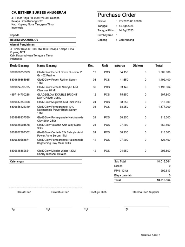 Purchase Order CV. Esther Sukses Anugerah | PDF