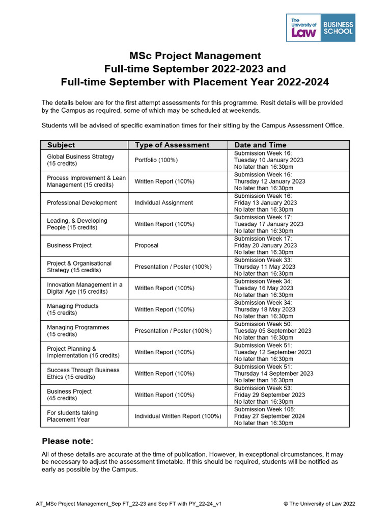 MSc Project Management Assessment Schedule | PDF