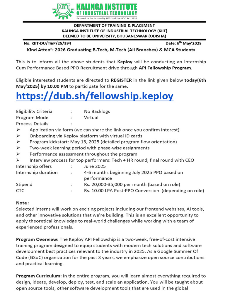 Registration For Keploy Internship Cum PPO Recruitment Drive Through API Fellowship Program ...