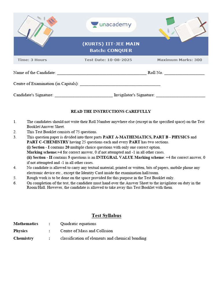 Jee Conquer(Kurts) Main Qpaper 10-08-2025 | PDF | Collision | Chemical Bond