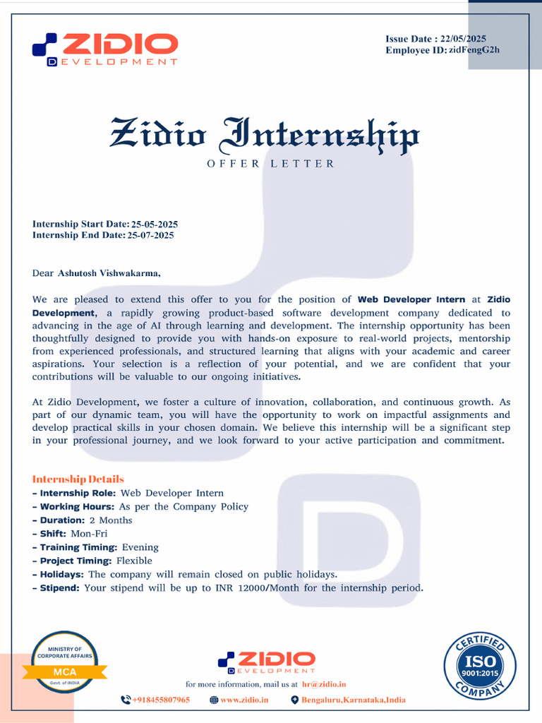 Zidio Development Offer Letter | PDF