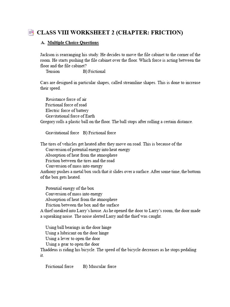 Friction Worksheet for Class VIII | PDF | Friction | Force
