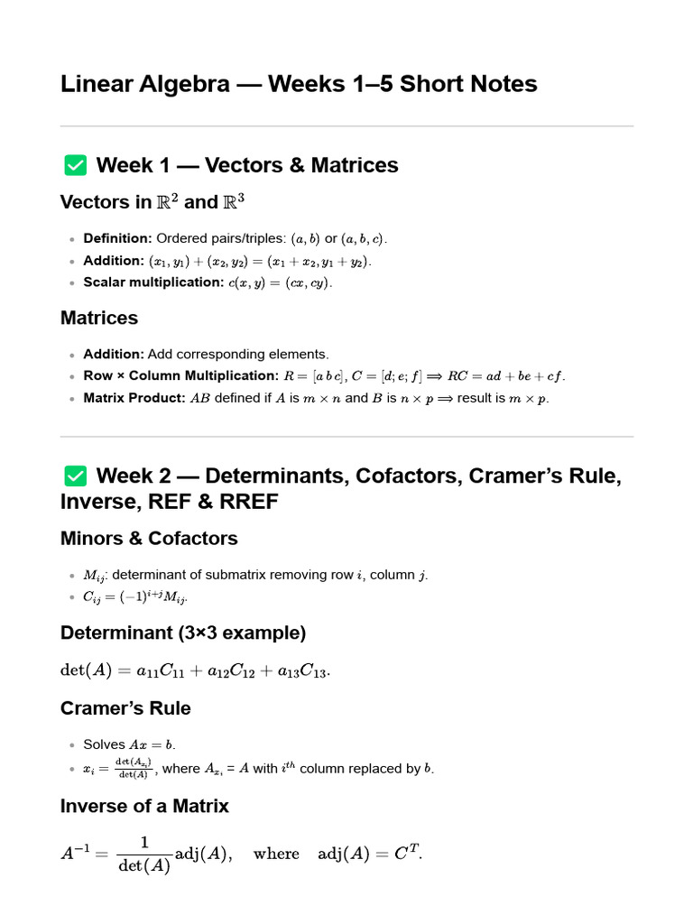 Linear Algebra - Weeks 1-5 Short Notes | PDF | Matrix (Mathematics ...